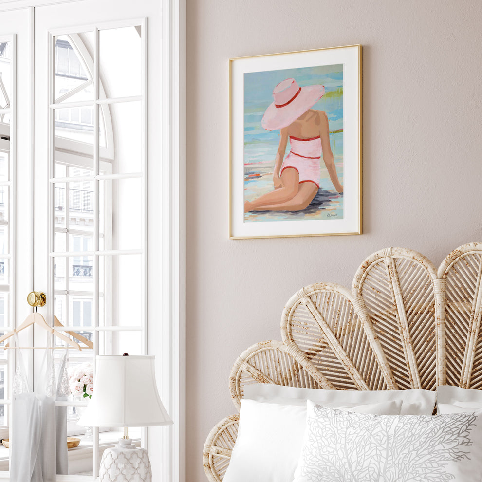Betsy Print - Woman in Pink Bathing Suit Beach Art | Kristin Cooney Studio